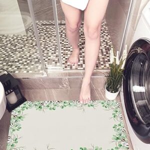 Gogobebe Super Absorbent Diatom Mud Mat Summer Eucalyptus Leaves Watercolor Retro Linen Quick-Drying Thin Bath Mat Non-Slip Bathtub Mat Anti-Skid Rubber Bathroom Shower Mat 16x24in