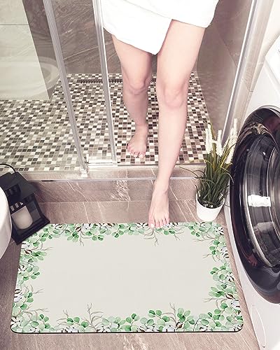 Gogobebe Super Absorbent Diatom Mud Mat Summer Eucalyptus Leaves Watercolor Retro Linen Quick-Drying Thin Bath Mat Non-Slip Bathtub Mat Anti-Skid Rubber Bathroom Shower Mat 16x24in