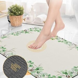 Gogobebe Super Absorbent Diatom Mud Mat Summer Eucalyptus Leaves Watercolor Retro Linen Quick-Drying Thin Bath Mat Non-Slip Bathtub Mat Anti-Skid Rubber Bathroom Shower Mat 16x24in