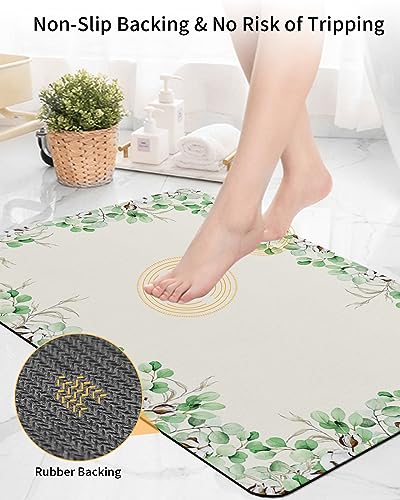 Gogobebe Super Absorbent Diatom Mud Mat Summer Eucalyptus Leaves Watercolor Retro Linen Quick-Drying Thin Bath Mat Non-Slip Bathtub Mat Anti-Skid Rubber Bathroom Shower Mat 16x24in