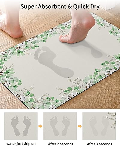 Gogobebe Super Absorbent Diatom Mud Mat Summer Eucalyptus Leaves Watercolor Retro Linen Quick-Drying Thin Bath Mat Non-Slip Bathtub Mat Anti-Skid Rubber Bathroom Shower Mat 16x24in