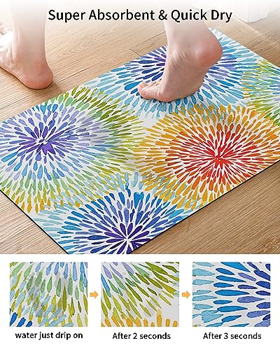 Gogobebe Super Absorbent Diatom Mud Mat Boho Watercolor Floral Summer Quick-Drying Thin Bath Mat Non-Slip Bathtub Mat Anti-Skid Rubber Bathroom Shower Mat 20x32in