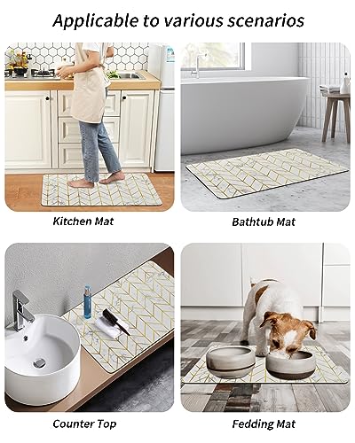 Gogobebe Super Absorbent Diatom Mud Mat Abstract Yellow Geometric Chevron Marble Texture Quick-Drying Thin Bath Mat Non-Slip Bathtub Mat Anti-Skid Rubber Bathroom Shower Mat 16x24in