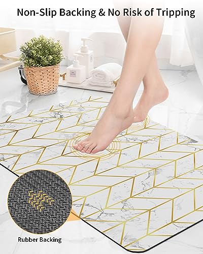 Gogobebe Super Absorbent Diatom Mud Mat Abstract Yellow Geometric Chevron Marble Texture Quick-Drying Thin Bath Mat Non-Slip Bathtub Mat Anti-Skid Rubber Bathroom Shower Mat 16x24in