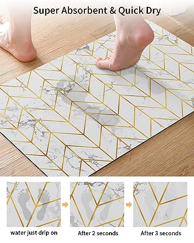 Gogobebe Super Absorbent Diatom Mud Mat Abstract Yellow Geometric Chevron Marble Texture Quick-Drying Thin Bath Mat Non-Slip Bathtub Mat Anti-Skid Rubber Bathroom Shower Mat 16x24in