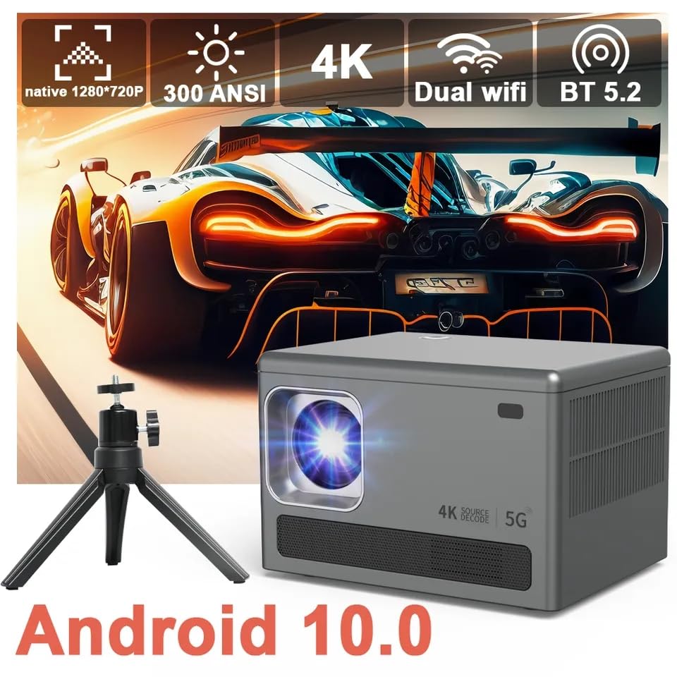 Transpeed Projector 300ANSI Android 10.0 Support 4K include Bracket 12000 lumens BT5.2 1280*720P Home Theater Outdoor Projetor Compatible with Android/iOS/Windows/TV Stick/HDMI/USB