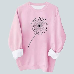 Long Sleeve Sweater For Women 2023 Winter Dandelion Print Sweatshirt For Women Sunflower Floral Round Neck Pullover Long Sleeve Fall Winter Sweatshirts 2023 F3-Pink Large