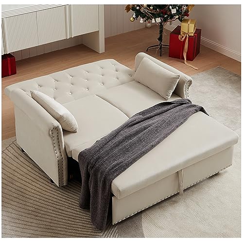 Meesifeel 55" Queen Sleeper Sofa, 3 in 1 Convertible Sofa Bed, Comfy Velvet Loveseat, Adjustable Backrest Futon Sofa Bed, Pull Out Couch, Lounge Sofa Chair Bed, Beige Sofas for Living Room Bedroom