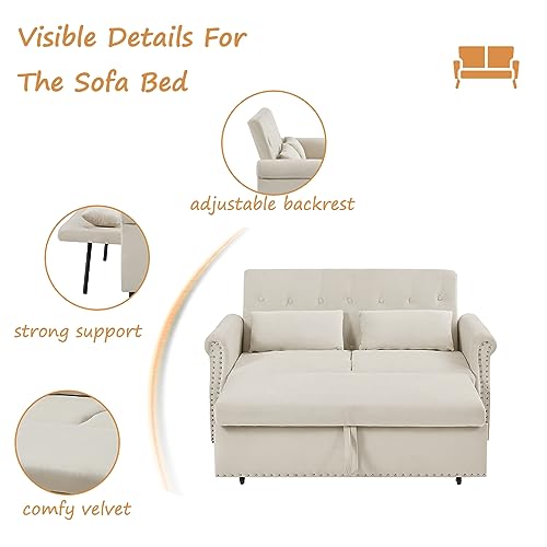 Meesifeel 55" Queen Sleeper Sofa, 3 in 1 Convertible Sofa Bed, Comfy Velvet Loveseat, Adjustable Backrest Futon Sofa Bed, Pull Out Couch, Lounge Sofa Chair Bed, Beige Sofas for Living Room Bedroom