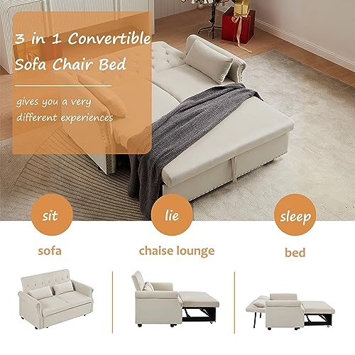 Meesifeel 55" Queen Sleeper Sofa, 3 in 1 Convertible Sofa Bed, Comfy Velvet Loveseat, Adjustable Backrest Futon Sofa Bed, Pull Out Couch, Lounge Sofa Chair Bed, Beige Sofas for Living Room Bedroom