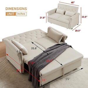 Meesifeel 55" Queen Sleeper Sofa, 3 in 1 Convertible Sofa Bed, Comfy Velvet Loveseat, Adjustable Backrest Futon Sofa Bed, Pull Out Couch, Lounge Sofa Chair Bed, Beige Sofas for Living Room Bedroom