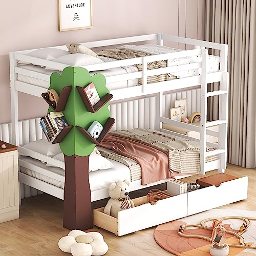 Altillo Twin Over Twin Bunk Bed with a Tree Decor and Two Storage Drawers, Wooden Twin Bunk Beds for Teens/Adults, Low Bed Frame Bedroom Furniture with Safety Guard Rails, No Box Spring Required