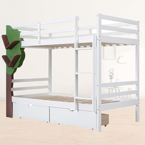 Altillo Twin Over Twin Bunk Bed with a Tree Decor and Two Storage Drawers, Wooden Twin Bunk Beds for Teens/Adults, Low Bed Frame Bedroom Furniture with Safety Guard Rails, No Box Spring Required