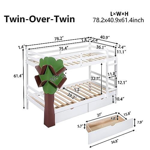 Altillo Twin Over Twin Bunk Bed with a Tree Decor and Two Storage Drawers, Wooden Twin Bunk Beds for Teens/Adults, Low Bed Frame Bedroom Furniture with Safety Guard Rails, No Box Spring Required