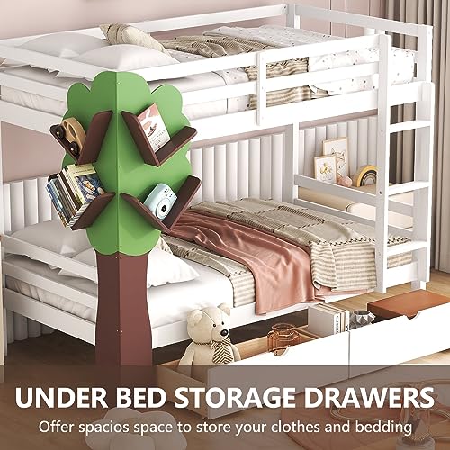 Altillo Twin Over Twin Bunk Bed with a Tree Decor and Two Storage Drawers, Wooden Twin Bunk Beds for Teens/Adults, Low Bed Frame Bedroom Furniture with Safety Guard Rails, No Box Spring Required