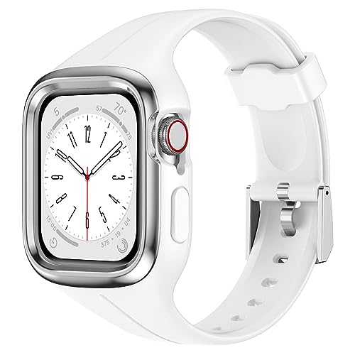 OUHENG Compatible with Apple Watch Band 41mm 40mm 38mm with Bumper Case, Women Sport Strap with Rugged Metal Edge Bumper and Silicone Cover for iWatch Series 8 7 6 SE 5 4 3 2 1, White/Silver