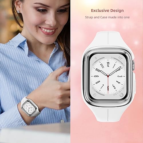 OUHENG Compatible with Apple Watch Band 41mm 40mm 38mm with Bumper Case, Women Sport Strap with Rugged Metal Edge Bumper and Silicone Cover for iWatch Series 8 7 6 SE 5 4 3 2 1, White/Silver