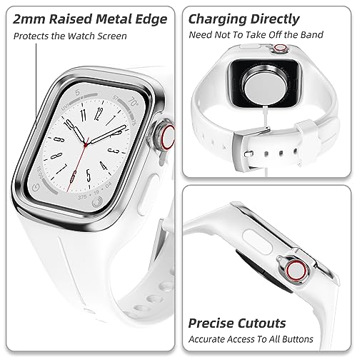 OUHENG Compatible with Apple Watch Band 41mm 40mm 38mm with Bumper Case, Women Sport Strap with Rugged Metal Edge Bumper and Silicone Cover for iWatch Series 8 7 6 SE 5 4 3 2 1, White/Silver