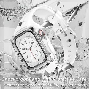 OUHENG Compatible with Apple Watch Band 41mm 40mm 38mm with Bumper Case, Women Sport Strap with Rugged Metal Edge Bumper and Silicone Cover for iWatch Series 8 7 6 SE 5 4 3 2 1, White/Silver