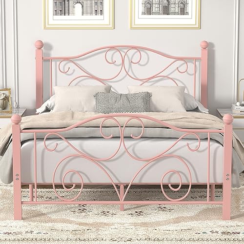 VECELO Full Size Bed Frame with Headboard and Footboard, Heavy Duty Metal Slat Support, Platform Mattress Foundation, No Box Spring Needed, Easy Assembly, Pink