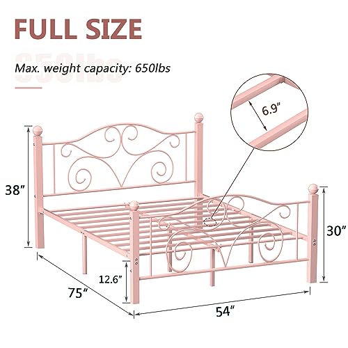 VECELO Full Size Bed Frame with Headboard and Footboard, Heavy Duty Metal Slat Support, Platform Mattress Foundation, No Box Spring Needed, Easy Assembly, Pink