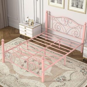 VECELO Full Size Bed Frame with Headboard and Footboard, Heavy Duty Metal Slat Support, Platform Mattress Foundation, No Box Spring Needed, Easy Assembly, Pink