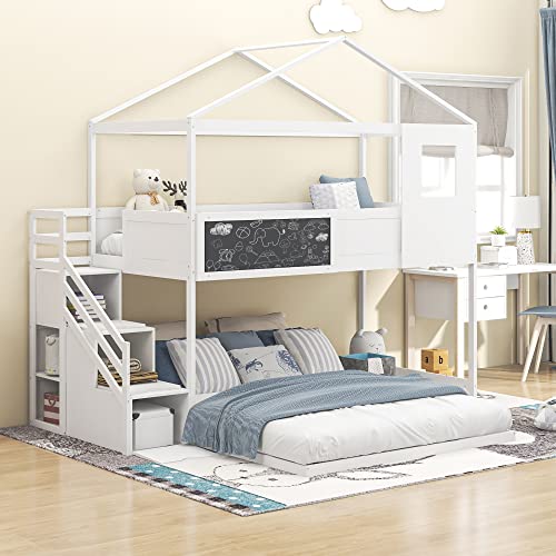 DEYOBED Twin Over Full House Shaped Wooden Bunk Bed with Storage Staircase, Shelves and Blackboard for Kids Teens