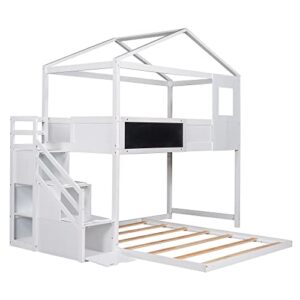 DEYOBED Twin Over Full House Shaped Wooden Bunk Bed with Storage Staircase, Shelves and Blackboard for Kids Teens