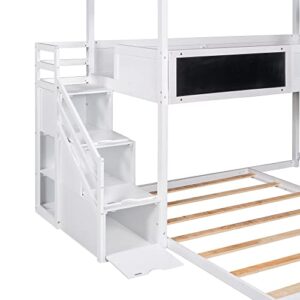 DEYOBED Twin Over Full House Shaped Wooden Bunk Bed with Storage Staircase, Shelves and Blackboard for Kids Teens