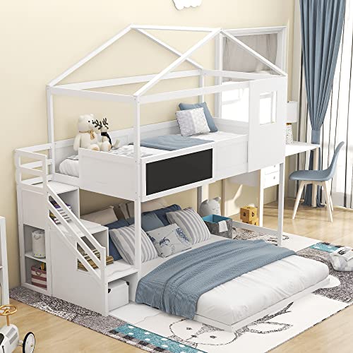 DEYOBED Twin Over Full House Shaped Wooden Bunk Bed with Storage Staircase, Shelves and Blackboard for Kids Teens