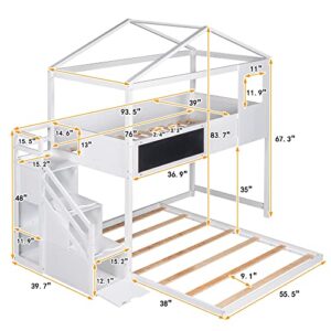 DEYOBED Twin Over Full House Shaped Wooden Bunk Bed with Storage Staircase, Shelves and Blackboard for Kids Teens