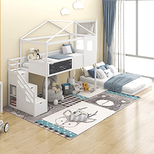 DEYOBED Twin Over Full House Shaped Wooden Bunk Bed with Storage Staircase, Shelves and Blackboard for Kids Teens