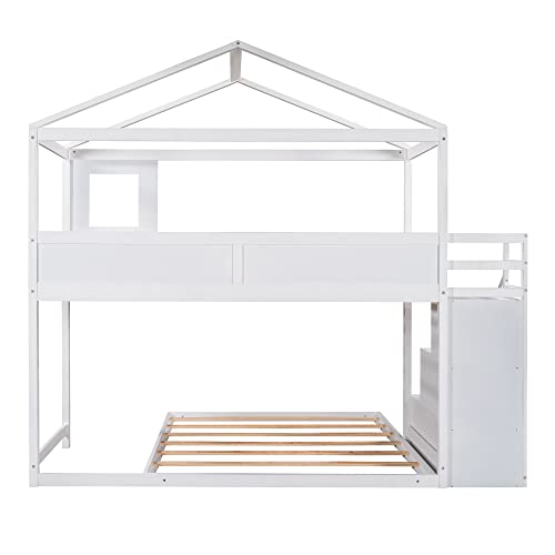 DEYOBED Twin Over Full House Shaped Wooden Bunk Bed with Storage Staircase, Shelves and Blackboard for Kids Teens