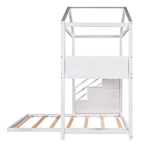 DEYOBED Twin Over Full House Shaped Wooden Bunk Bed with Storage Staircase, Shelves and Blackboard for Kids Teens