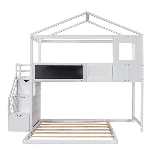 DEYOBED Twin Over Full House Shaped Wooden Bunk Bed with Storage Staircase, Shelves and Blackboard for Kids Teens