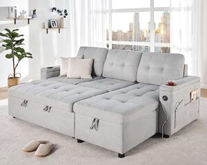 vanacc sofa bed, modern tufted convertible sleeper sofa, usb charging ports & cup holders, pull out couch bed with storage chaise, chenille couches for living room (light grey)