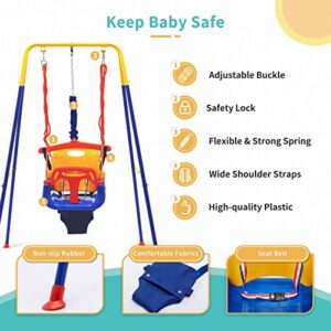 4-in-1 Toddler Swing Set and Baby Jumper, Toddler Swing with Foldable Metal Stand and Safety Belt, Baby Swings & Baby Bouncers Outdoor Indoor for Infants to Toddler, Indoor Swing for Kids 6 Month+