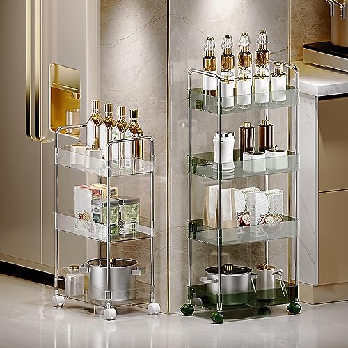 Meideli Storage Cabinet Rolling Cart Clear Bathroom Organizer Cart Storage Shelf Multi Layers Large Capacity Moveable Laundry Room Kitchen Organization Rack (Triple Layer, Atrovirens)