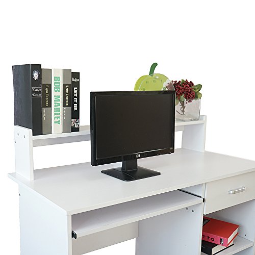 CHZWYT White Desk with Drawer, Wooden Computer Desk with Pull-Out Keyboard Tray & Adjustable Storage Shelves, Modern Laptop PC Desk with CPU Stand, Writing Study Desk for Bedroom (White)