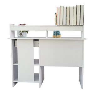 CHZWYT White Desk with Drawer, Wooden Computer Desk with Pull-Out Keyboard Tray & Adjustable Storage Shelves, Modern Laptop PC Desk with CPU Stand, Writing Study Desk for Bedroom (White)