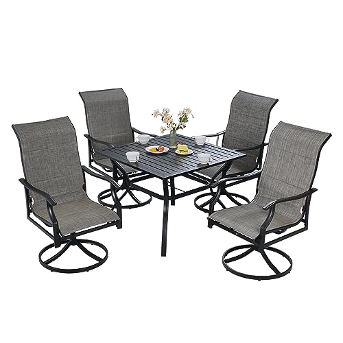 VEVOR 5 Pieces Patio Dining Set, Outdoor Furniture Table and Swivel Chairs Set, All Weather Garden Furniture Table Sets, Iron Patio Conversation Set with Umbrella Hole, For Lawn, Deck, Backyard, Black