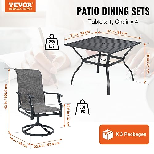 VEVOR 5 Pieces Patio Dining Set, Outdoor Furniture Table and Swivel Chairs Set, All Weather Garden Furniture Table Sets, Iron Patio Conversation Set with Umbrella Hole, For Lawn, Deck, Backyard, Black