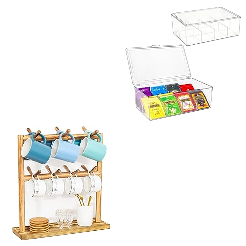 Puricon 2 Pack Tea Bag Organizer Clear Acrylic Tea Storage Box with Lid Bundle with Mug Holder Organizer Coffee Cup Rack for Countertop