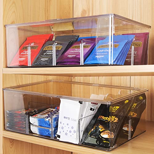 Puricon 2 Pack Tea Bag Organizer Clear Acrylic Tea Storage Box with Lid Bundle with Mug Holder Organizer Coffee Cup Rack for Countertop