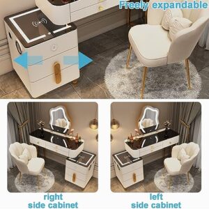 SKEPPYVanity Desk Set - Makeup Vanity with Wireless Charging Station and Bluetooth Speaker, Dressing Table with Mirror and Lights, Vanity Desk with Storage Cabinet and Chair for Bedroom,White 100cm