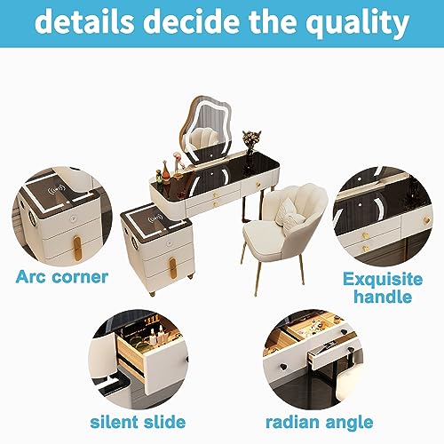 SKEPPYVanity Desk Set - Makeup Vanity with Wireless Charging Station and Bluetooth Speaker, Dressing Table with Mirror and Lights, Vanity Desk with Storage Cabinet and Chair for Bedroom,White 100cm