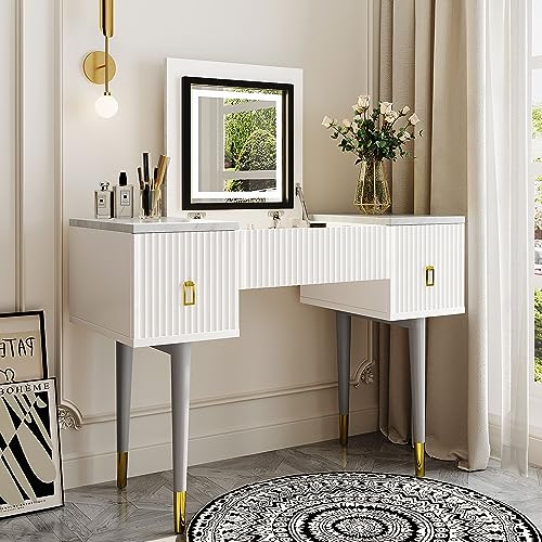 JIVOIT Vanity Table Set, 43.3" Modern Vanity Table Set with Flip-top Mirror and LED Light, Dressing Table with Customizable Storage, Vanity Dressing Table for Bedroom Women Girls (White+Gray 7)