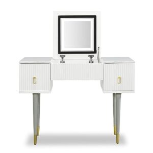 JIVOIT Vanity Table Set, 43.3" Modern Vanity Table Set with Flip-top Mirror and LED Light, Dressing Table with Customizable Storage, Vanity Dressing Table for Bedroom Women Girls (White+Gray 7)