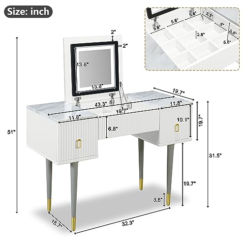 JIVOIT Vanity Table Set, 43.3" Modern Vanity Table Set with Flip-top Mirror and LED Light, Dressing Table with Customizable Storage, Vanity Dressing Table for Bedroom Women Girls (White+Gray 7)