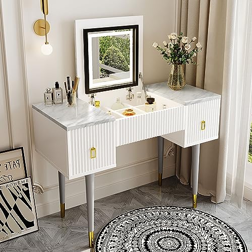 JIVOIT Vanity Table Set, 43.3" Modern Vanity Table Set with Flip-top Mirror and LED Light, Dressing Table with Customizable Storage, Vanity Dressing Table for Bedroom Women Girls (White+Gray 7)